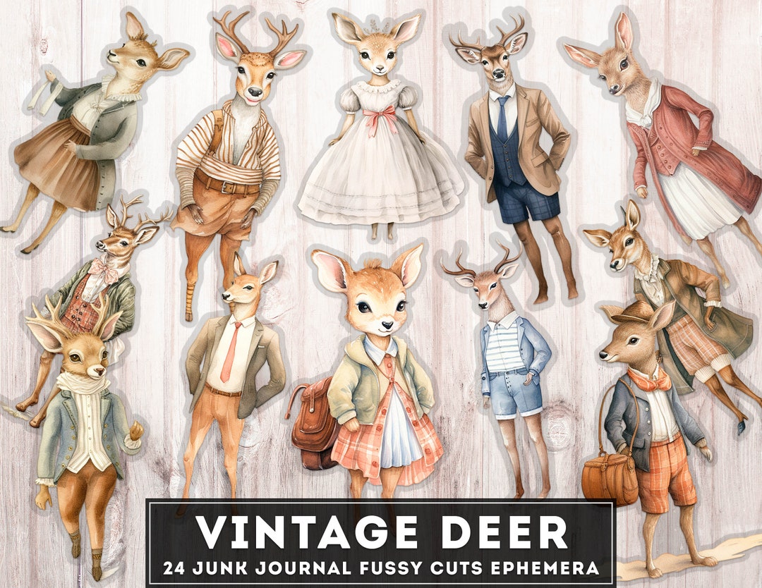 Vintage Deer Ephemera, Deer Fussy Cuts, 24 PNG Deer in Clothes Clipart ...