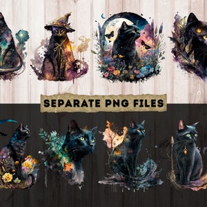 Watercolor Witch Black Cats Clipart, 24 PNG Witchy Bundle, Junk Journal ...