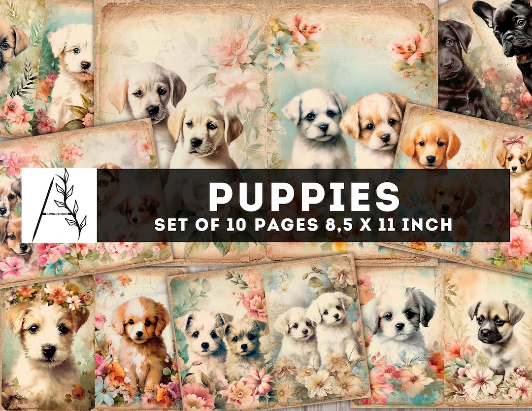 Puppies Junk Journal Kit, Cute Baby Dog Paper, Digital Journaling Pages ...