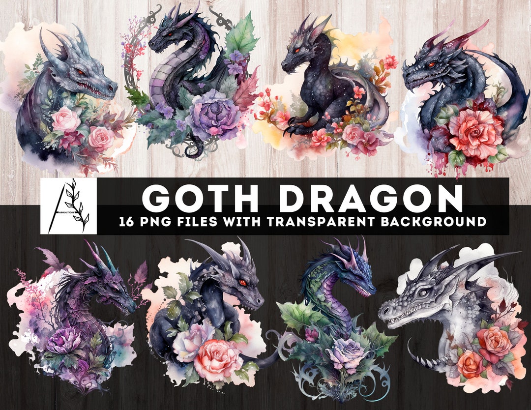 Watercolor Goth Dragons Clipart 16 PNG Dragons With Flowers - Etsy