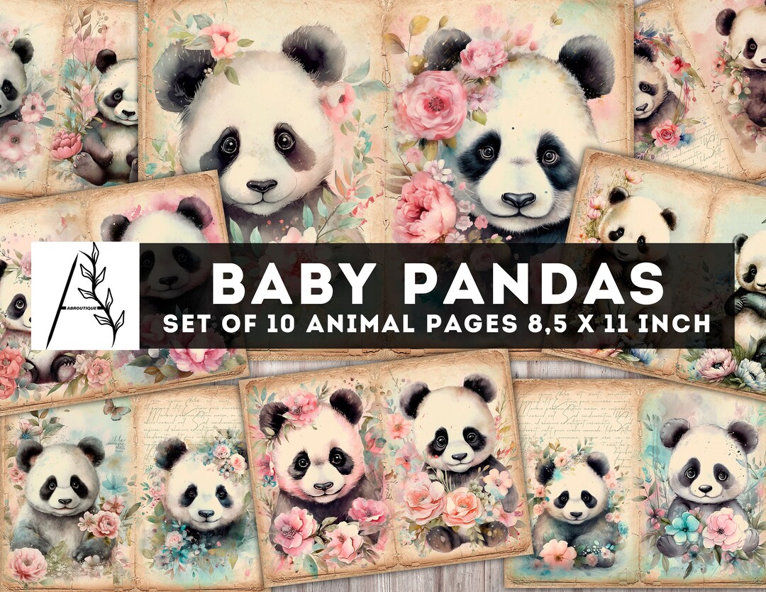 Baby Pandas Junk Journal Kit, Vintage Panda Paper, Digital Journaling Pages, Shabby Chic Animal ...