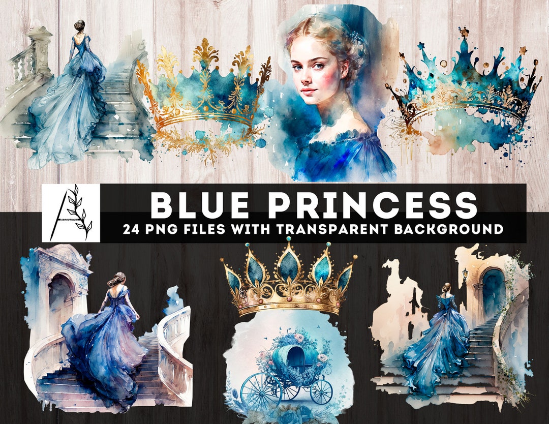 Blue Watercolor Princess Clipart, 24 PNG Princesses Bundle, Junk ...