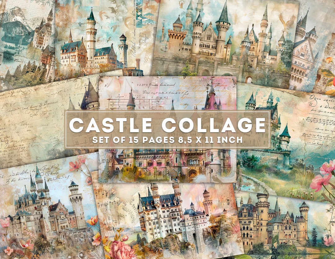 Castle Collage Pages, Junk Journal, Watercolor Handscript Palace ...