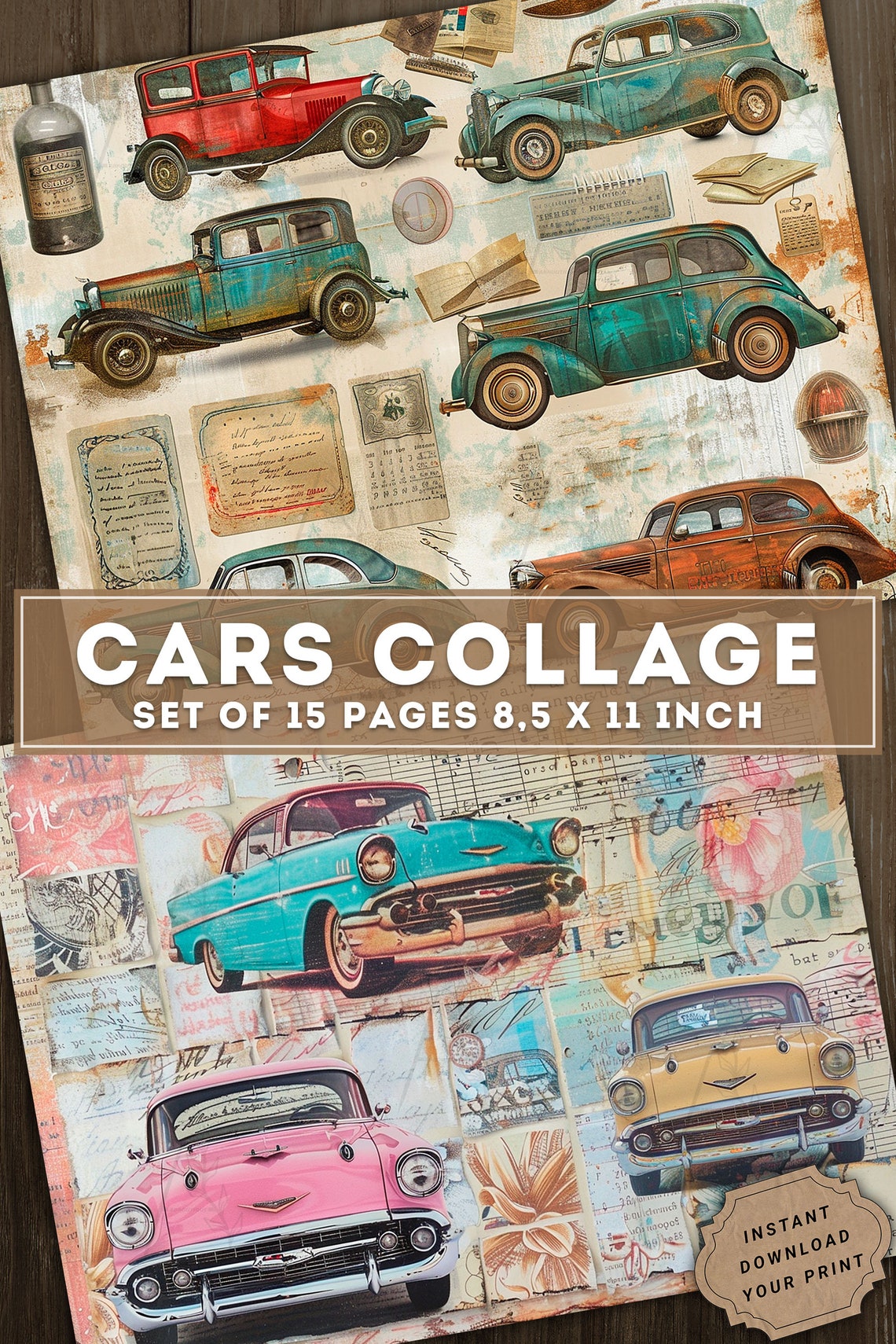 Cars Collage Paper, Vintage Cars Art Paper, Junk Journal, Cars Ephemera ...