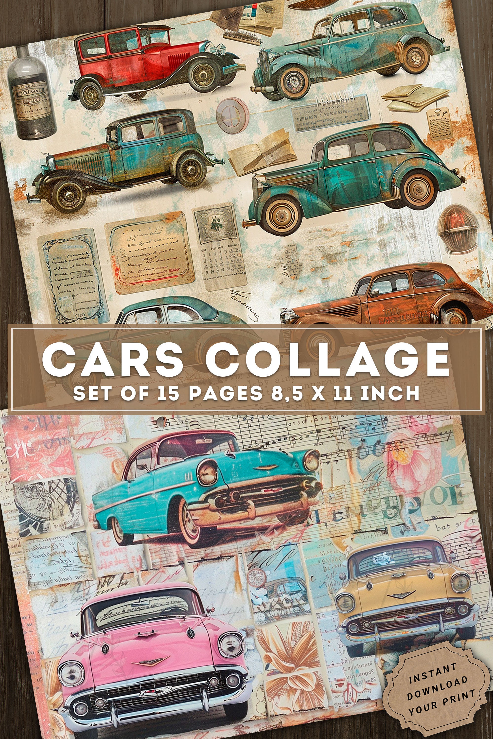 Cars Collage Paper, Vintage Cars Art Paper, Junk Journal, Cars Ephemera ...