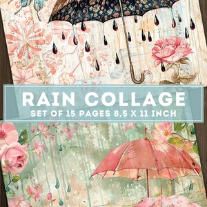 Rain Collage, Junk Journal, Umbrella Paper, Spring Pages, Handscript ...