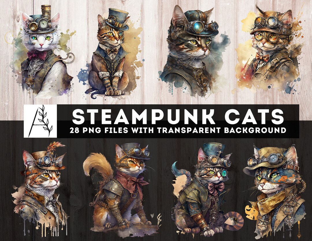 Steampunk Cats Acuarela Clipart, 28 PNG Steampunk Imprimibles, Junk ...