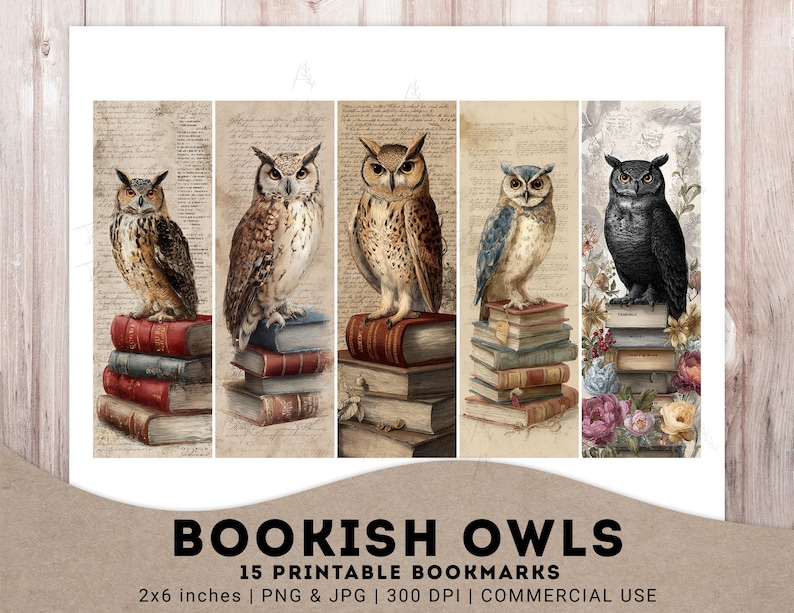 Bookish Owl Bookmarks, 15 PNG + 3 JPG Vintage Owl, Wise Owl, Printable ...