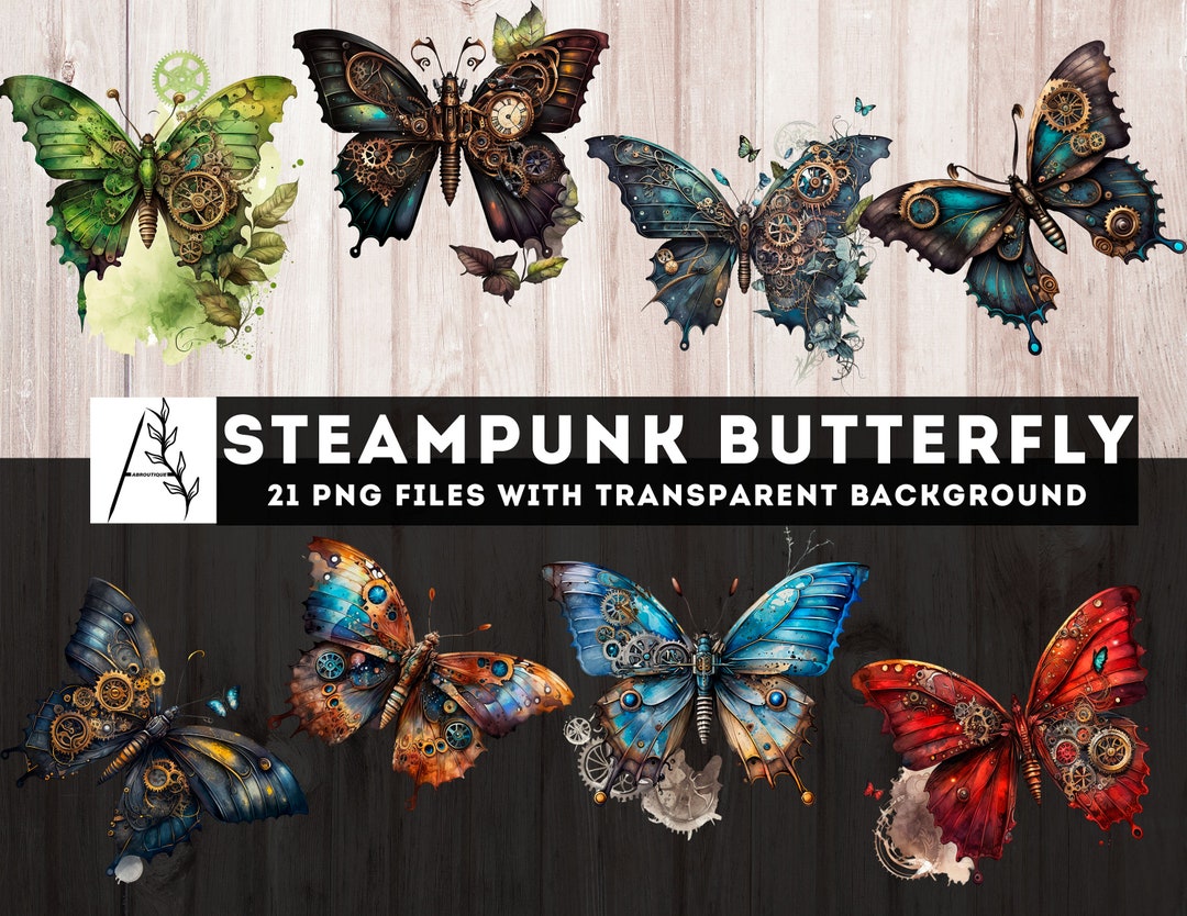Steampunk Butterflies Clipart, 21 PNG Watercolor Butterfly Bundle, Junk ...