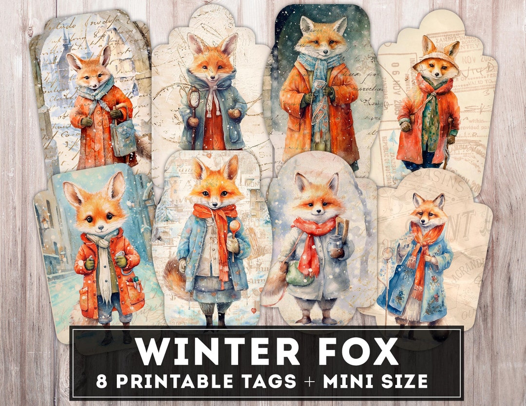 Winter Fox Junk Journal Tags, Vintage Fox Tag, Christmas Cute Tags ...