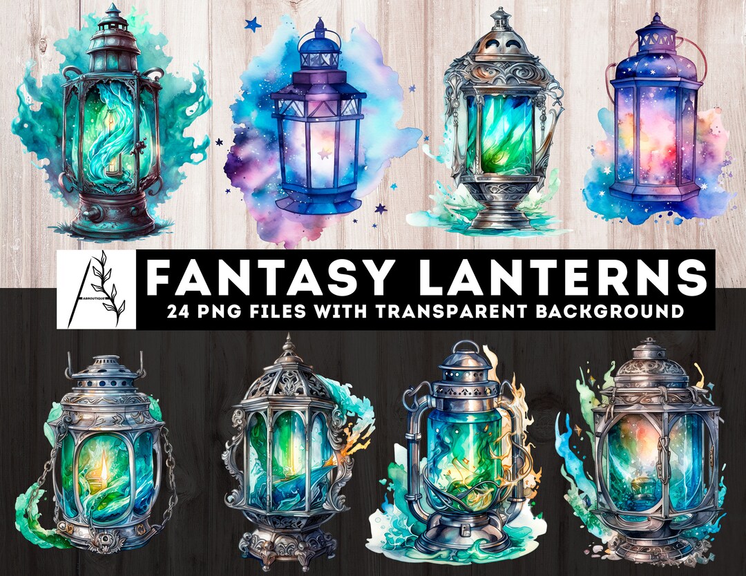 Watercolor Fantasy Lanterns Clipart, 24 PNG Mystic Lamp Bundle, Magic ...