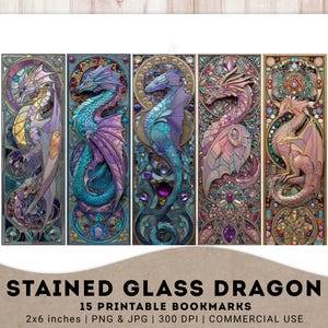 Stained Glass Dragon 15 PNG + 3 JPG Ready to Print Bookmarks, Elegant ...