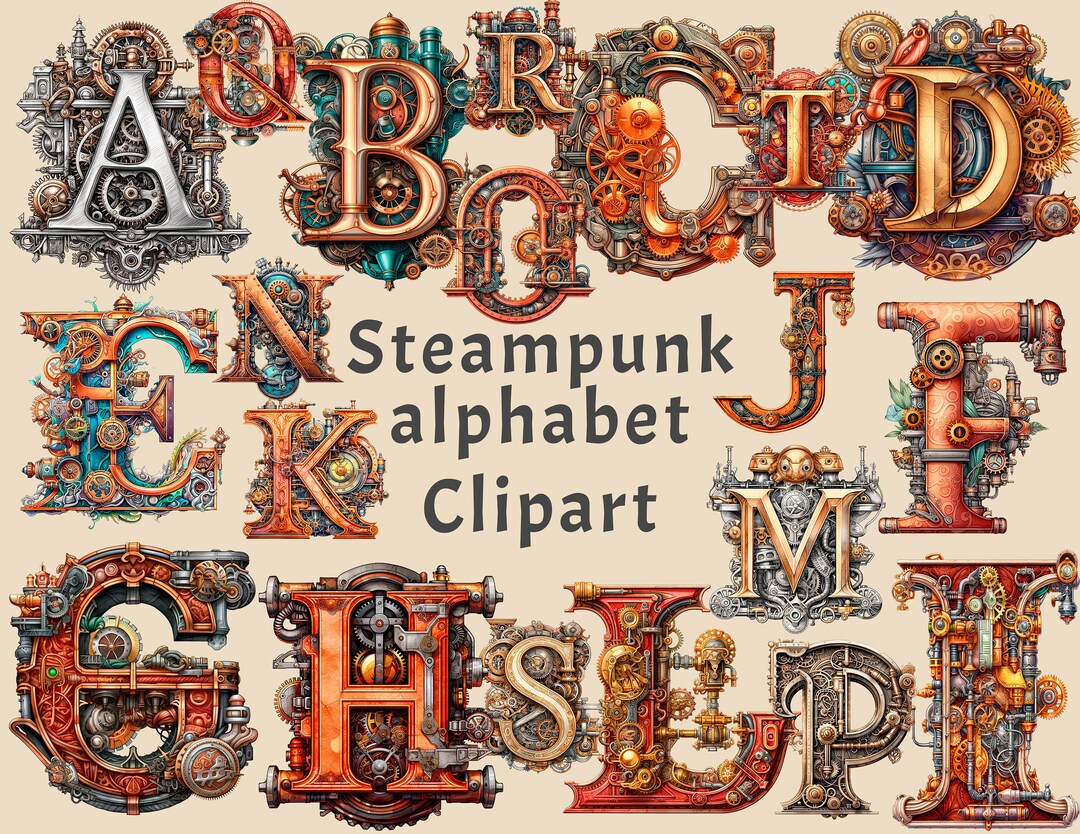 Steampunk Alphabet Clipart, 26 PNG Different Letters Bundle, Steampunk ...
