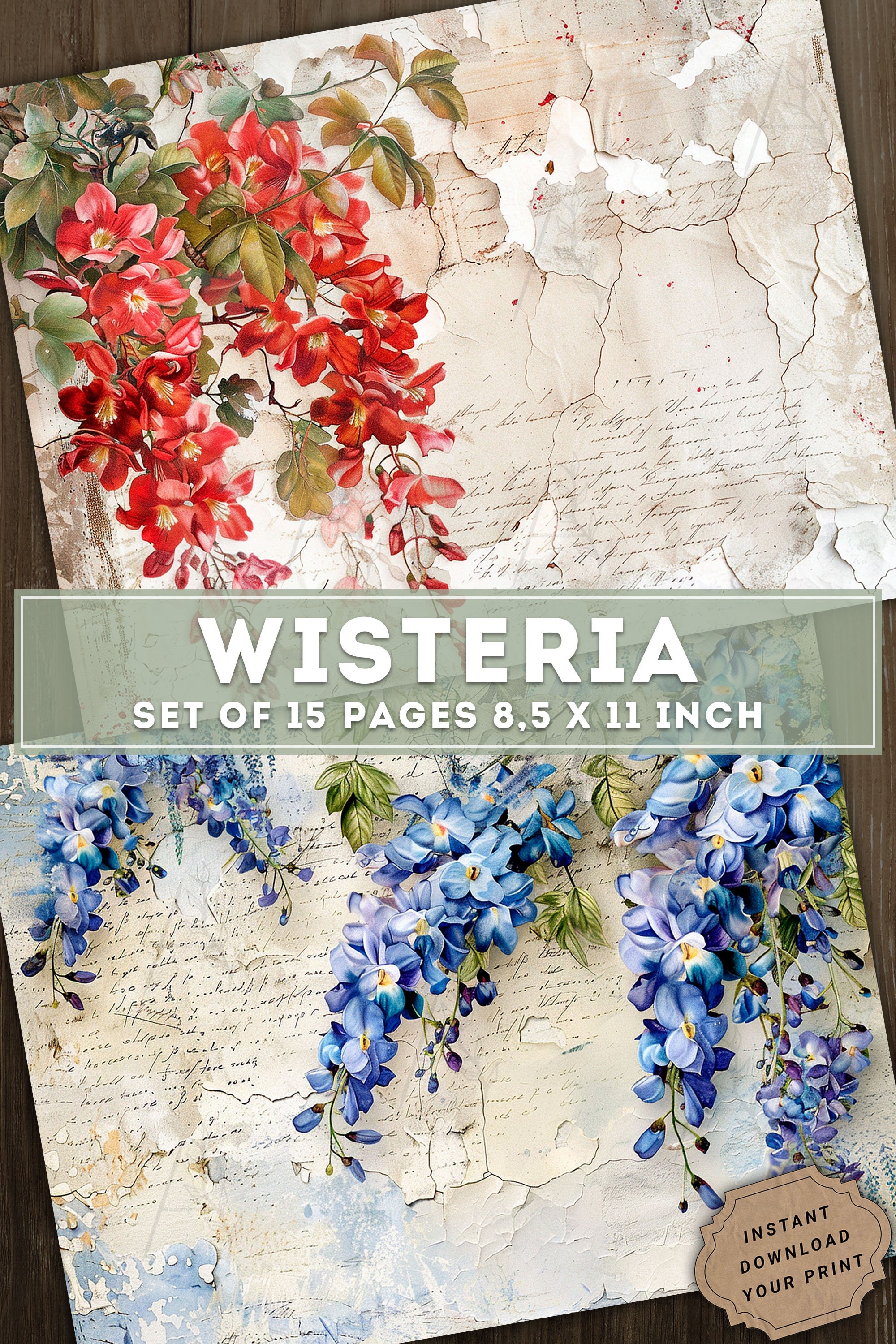 Wisteria Collage, Junk Journal Kit, Colorful Vintage Flowers Paper ...