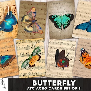 Butterfly ATC ACEO Cards 2.5” X 3.5” Butterfly on Notes Junk Journal ...