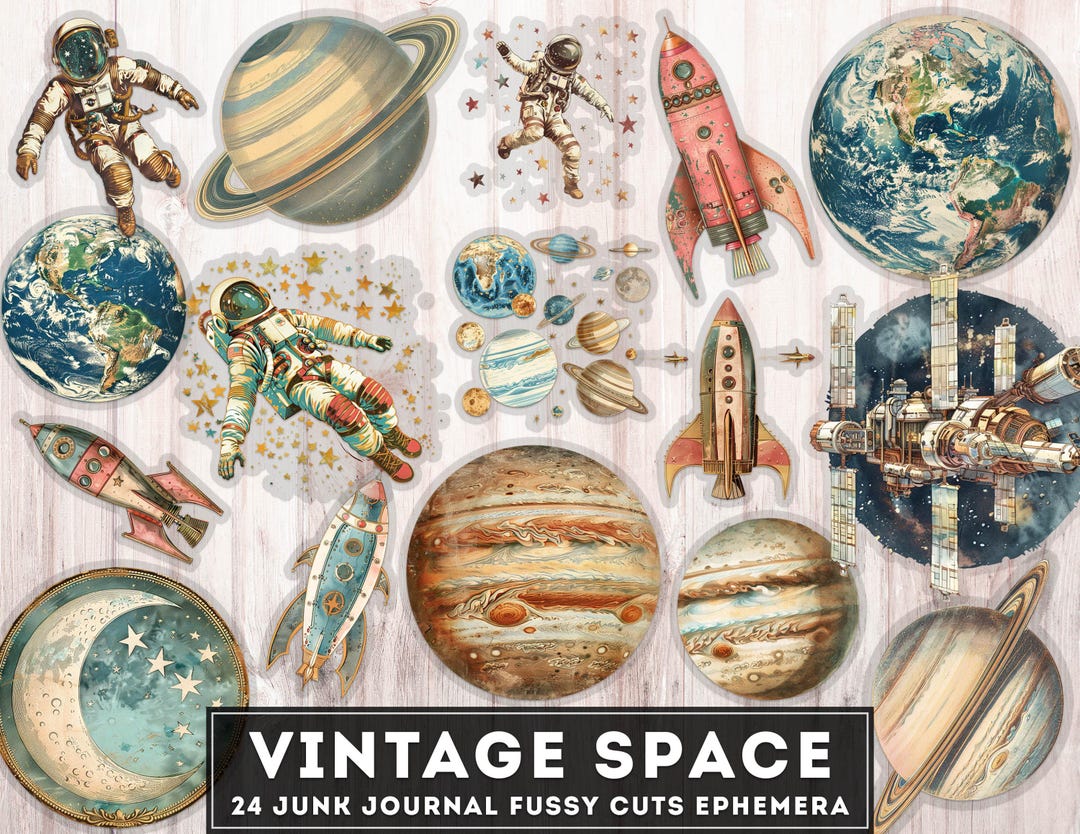 Vintage Space Ephemera Fussy Cuts, 24 PNG Clipart Bundle + JPG ...