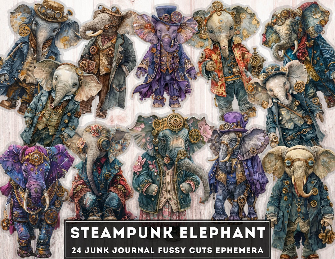Steampunk Elephant Clipart & Ephemera, Vintage Fussy Cuts, Junk Journal ...