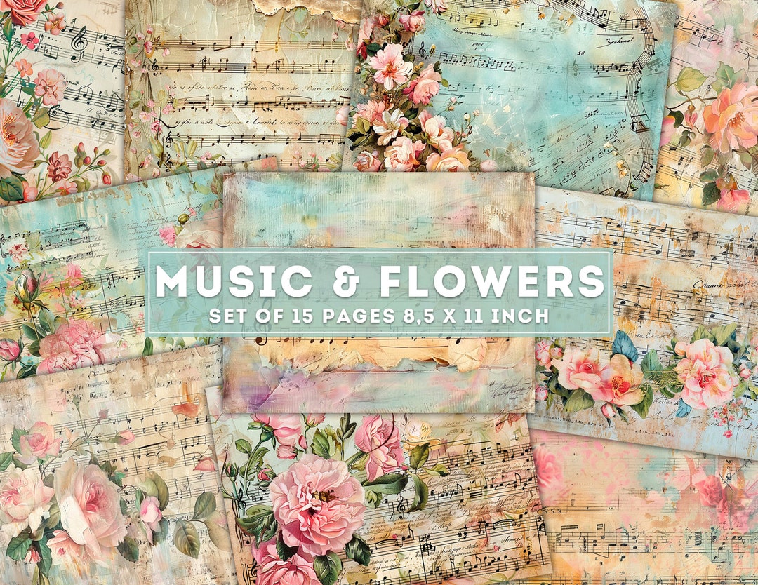 Music Notes Collage With Flowers, Junk Journal Kit, Antique Floral ...
