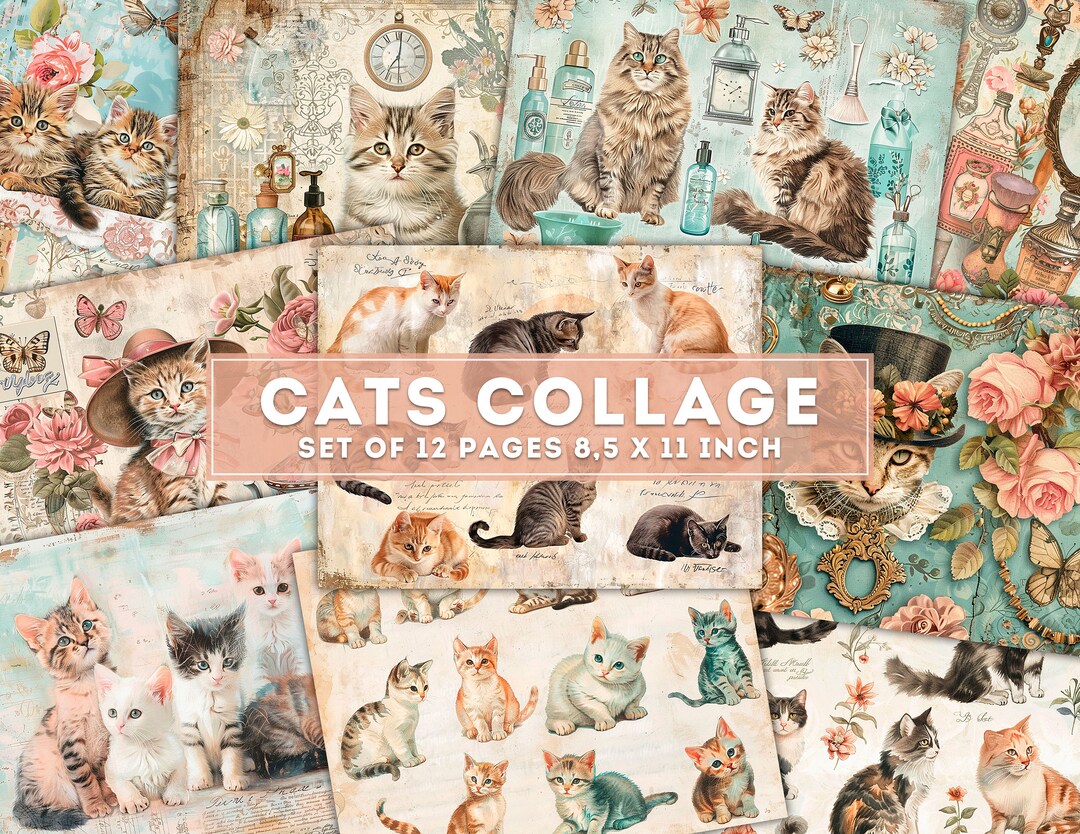 Cats Collage Sheet, Kitten Junk Journal Kit, Vintage Journal Pages ...