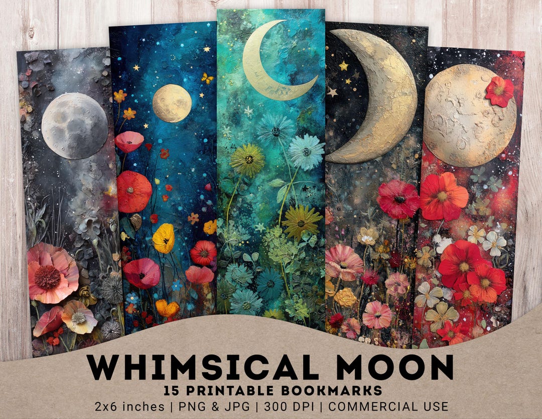 Whimsical Moon Bookmarks, 15 PNG + 3 JPG, Mix Media Flowers & Moon ...