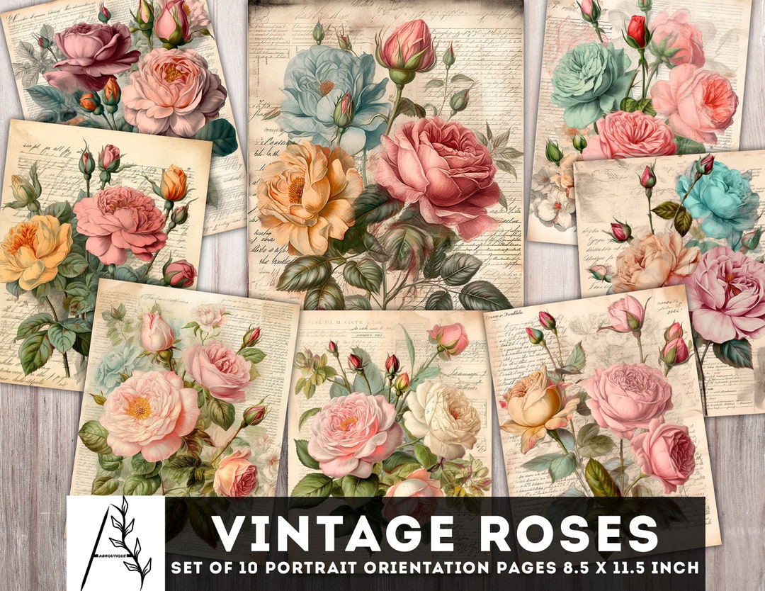 Vintage Roses Paper, Old Pages Wit Flowers, 10 JPG Digital Pages ...