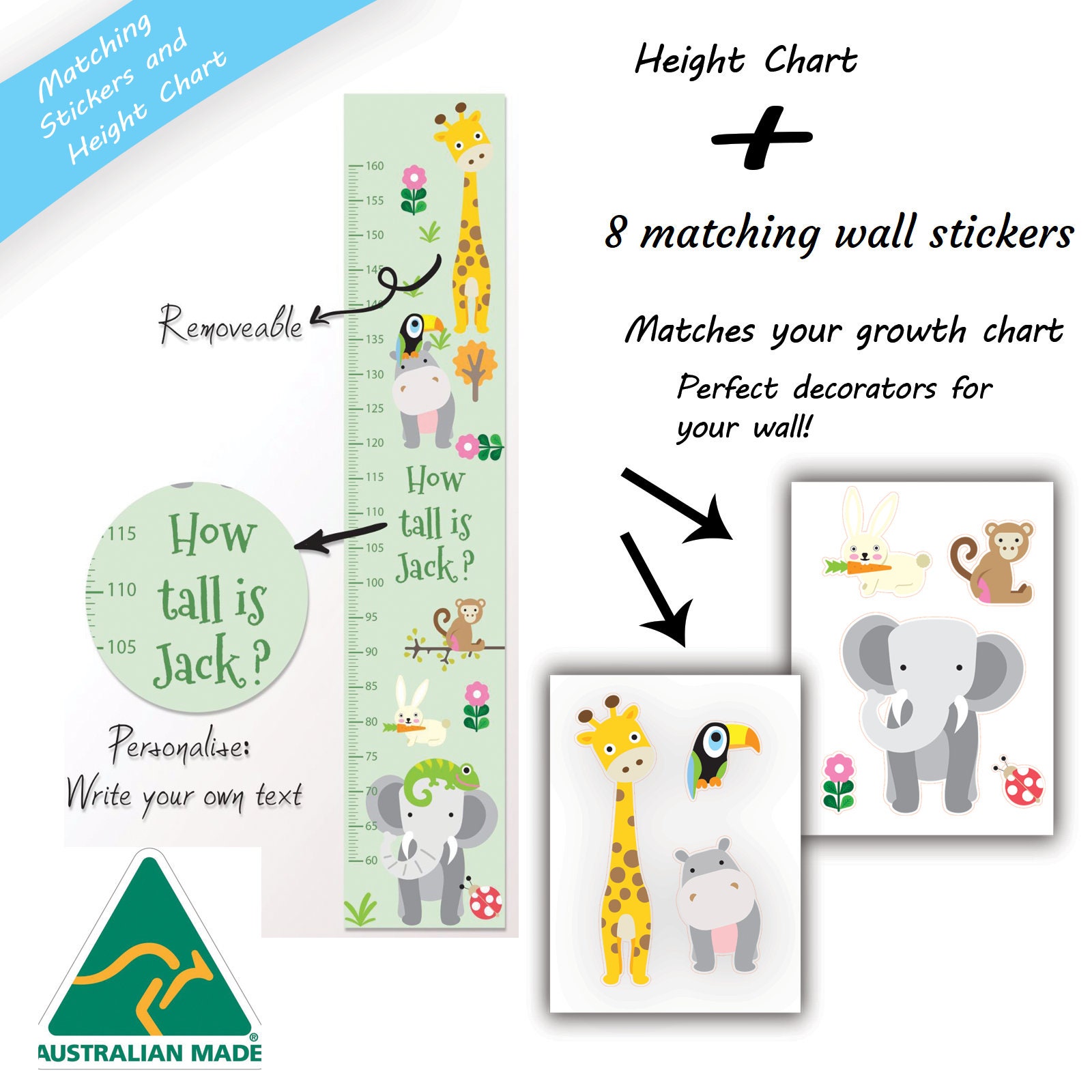 Animal Kids Growth Chart, Personalised Height Chart Canvas With Name ...
