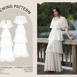 3 Tiered Flounce Maxi Dress With Cape Standard and Extended Bust ...