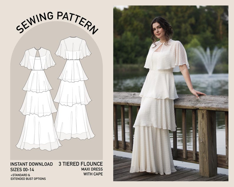 Tiered Flounce Maxi Dress Sewing Pattern With Cape (PDF Digital ...