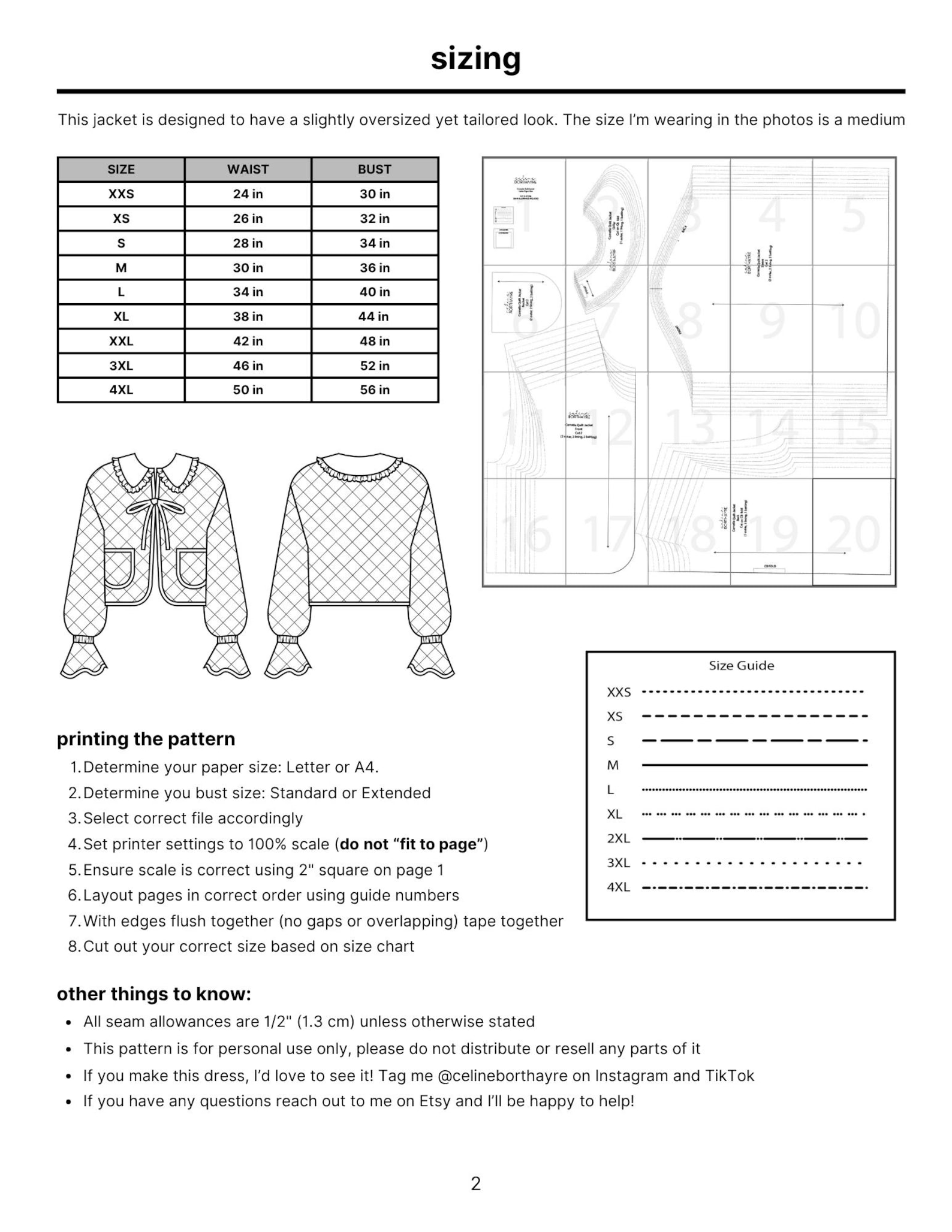 Cornelia Quilt Jacket Sewing Pattern Sizes XXS-4XL Digital Instant ...