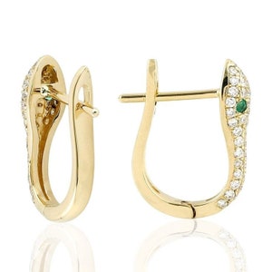 14k Diamond Snake Earrings, Diamond Snake Huggie Earrings Emerald ...