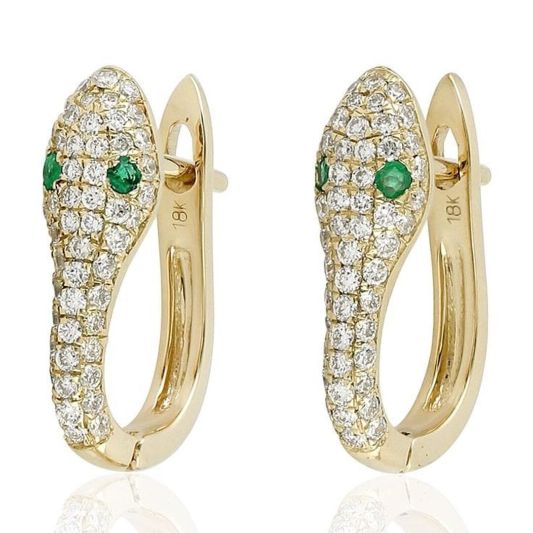 14k Diamond Snake Earrings, Diamond Snake Huggie Earrings Emerald ...