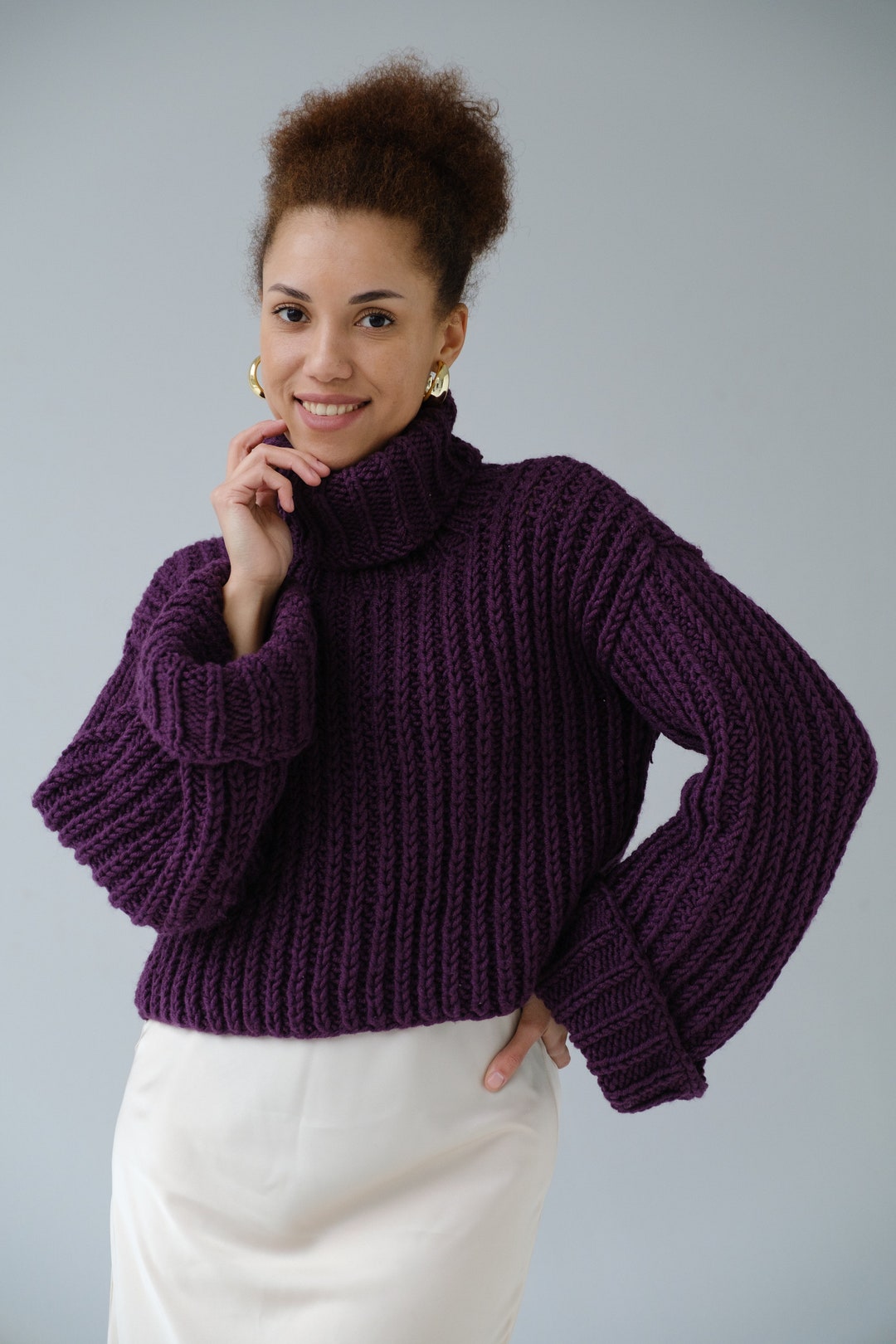 Turtle-neck Sweater. Sweat Purpleer Chunky Sweater Crop - Etsy
