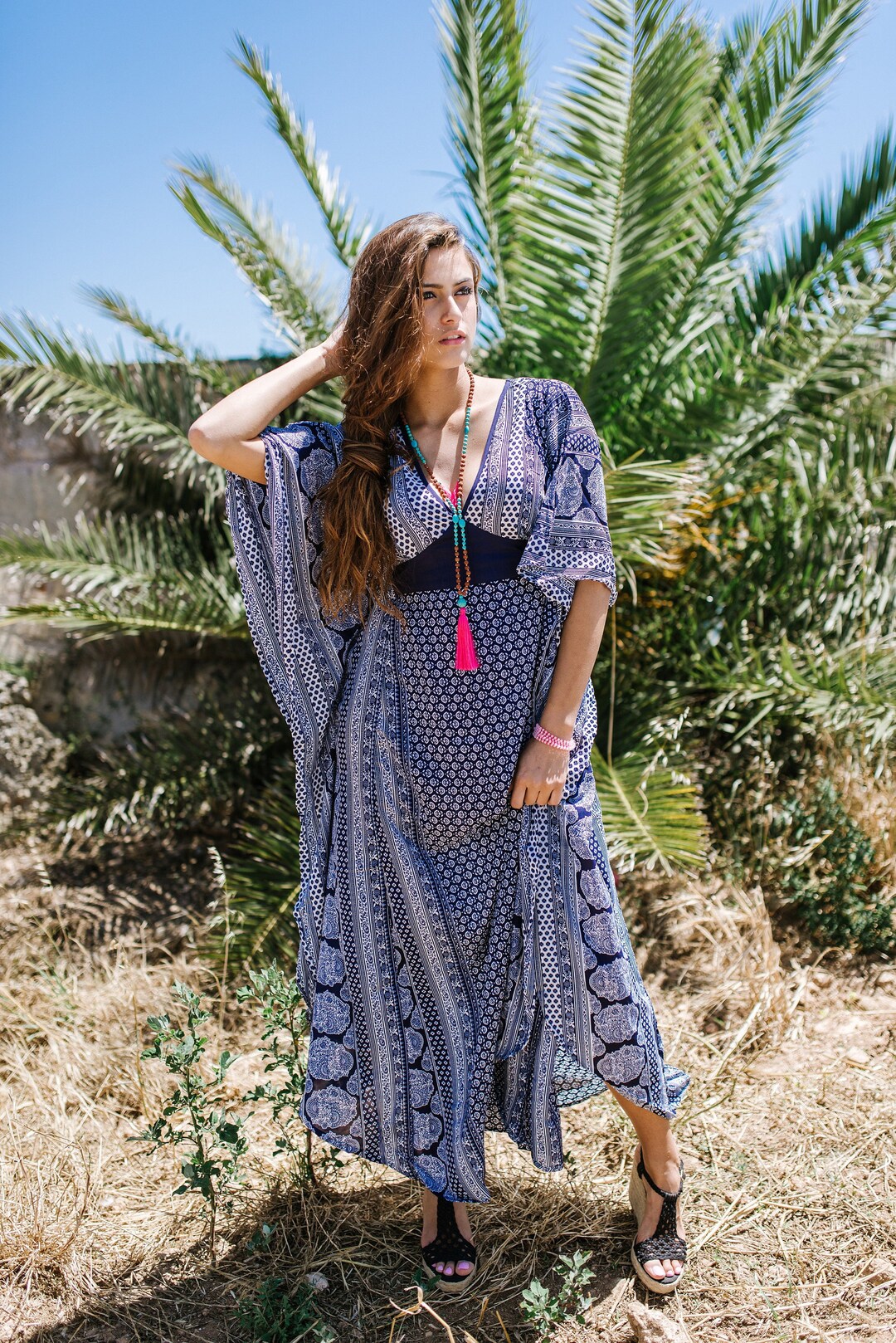 Boho Summer Dress Kaftan, , Long Ethnic Loose Hippie Wide Sleeves Dress ...