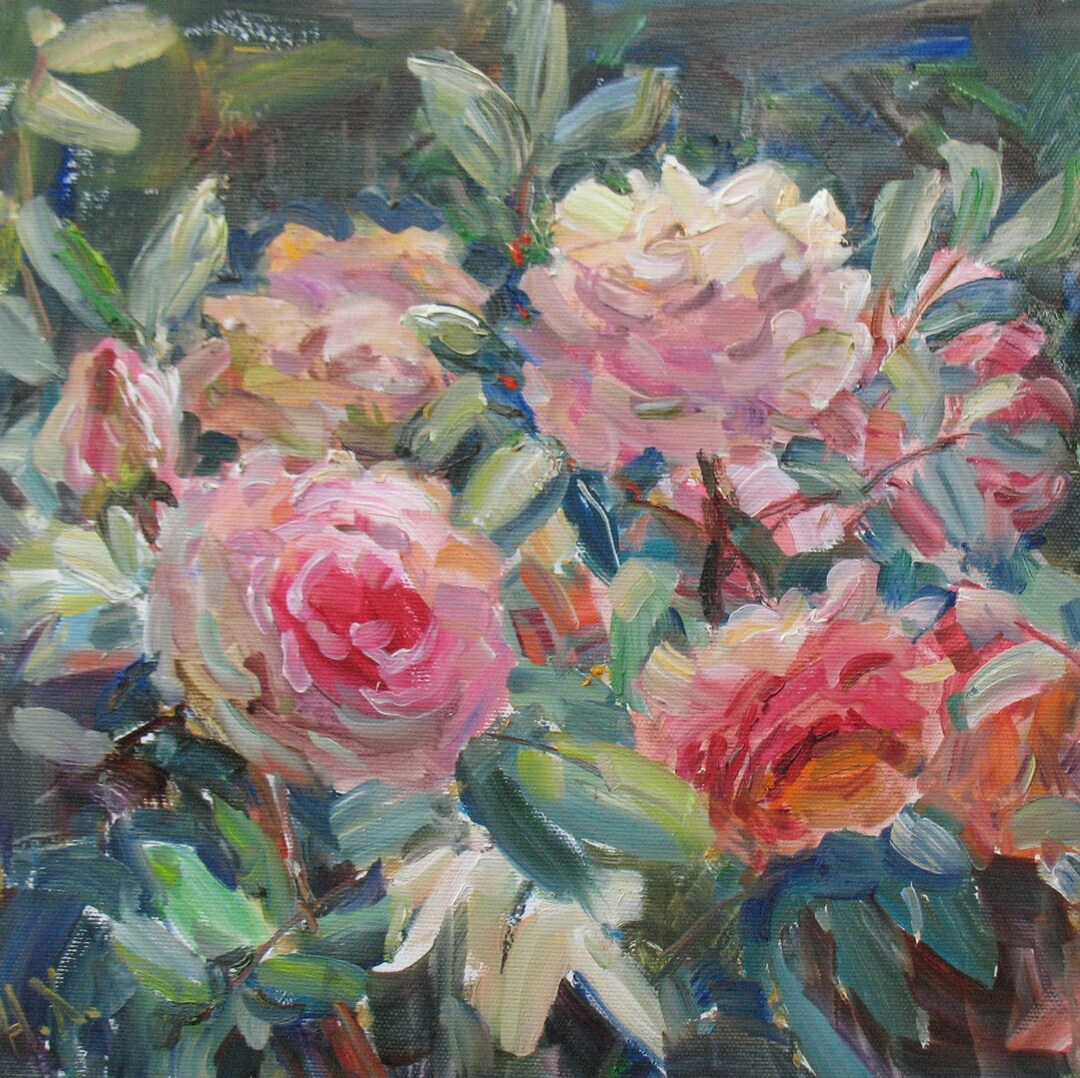 Floral Oil Painting: Pink Roses Impressionism Art, 30x30cm - Etsy