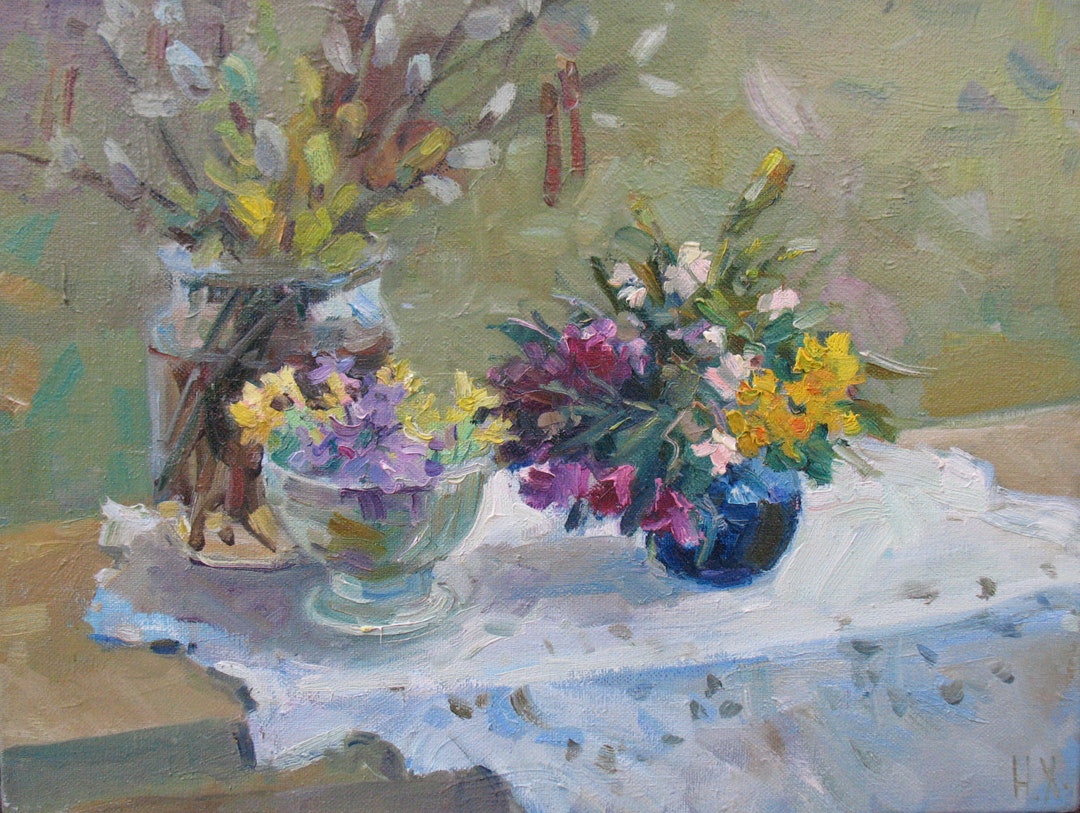 Early Spring Flowers Small Oil Canvas Painting, Floral Kitchen Decor ...