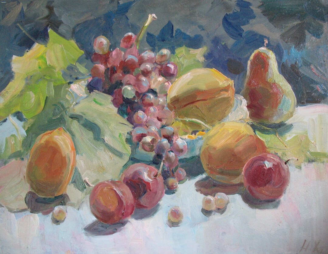 Pintura al óleo original: Bodegón de verano con uvas y melocotones ...