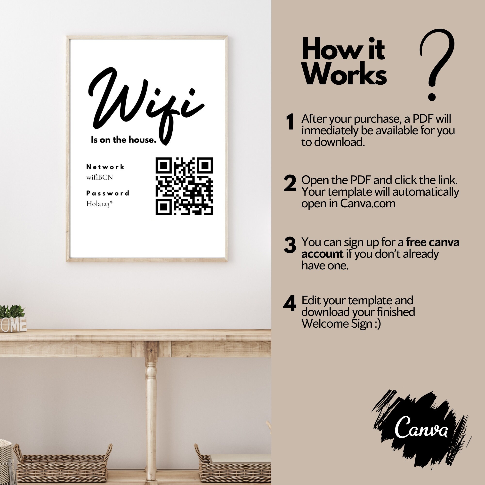 Wifi Password Sign With QR Code, Editable Short Stay / Airbnb Signs ...