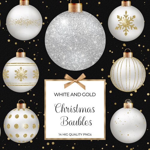 White and Gold Christmas Ornaments Clipart Digital Glitter - Etsy
