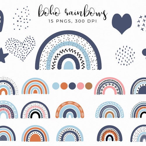 Watercolor Boho Rainbow Clipart. Muted Blue Rainbow Hand Drawn - Etsy