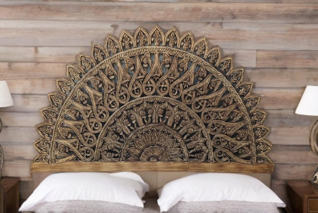 King Size Wooden Circular Half Moon Fully Carved Bed Headboard - Etsy