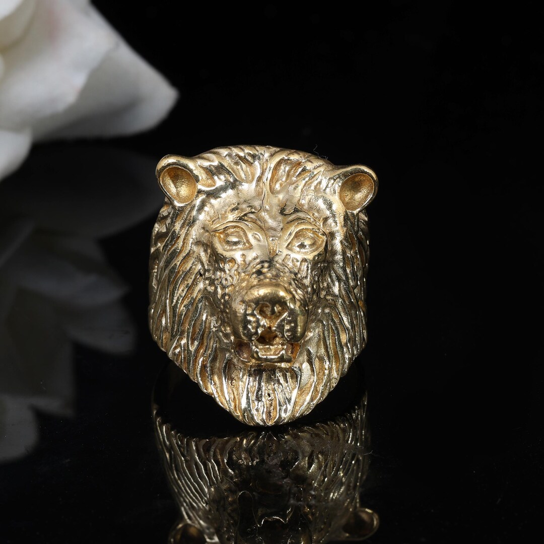 Brass Gold Bear Head Ring, Bold Animal Statement Ring, Wilderness ...
