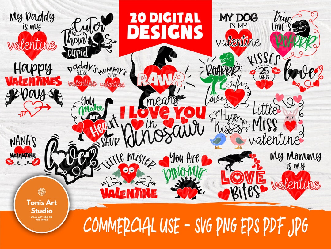 Paquete SVG de San Valentín para niños / San Valentín Svg / Dinosaurio ...