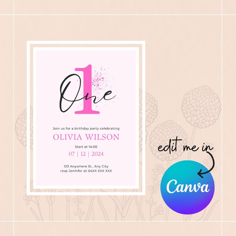 1st Birthday Invitation Pink Canva Editable FREEBIE - Etsy