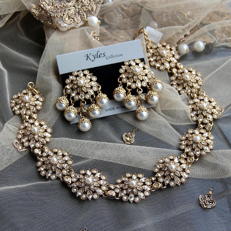 Kyles Collection Pearl Choker Gold Platted Indian Jewellery Set Pakistani Jewellery Partywear ...