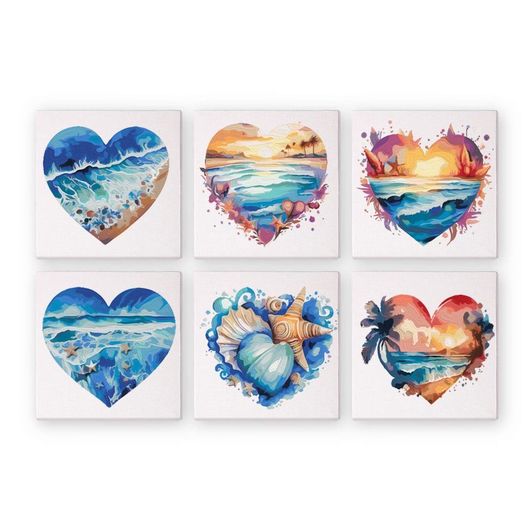 Set of 6 Mini Paint by Numbers - Ocean Hearts – Easy Canvas Painting ...