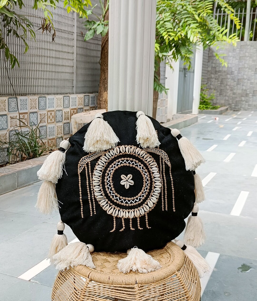 Embroidered Cushion Cover With Tassels, Round Cushion Cover, Cushion ...