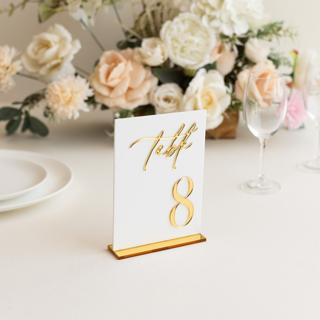 White Acrylic 3D Gold Mirror Table Signs - Wedding Table Numbers ...
