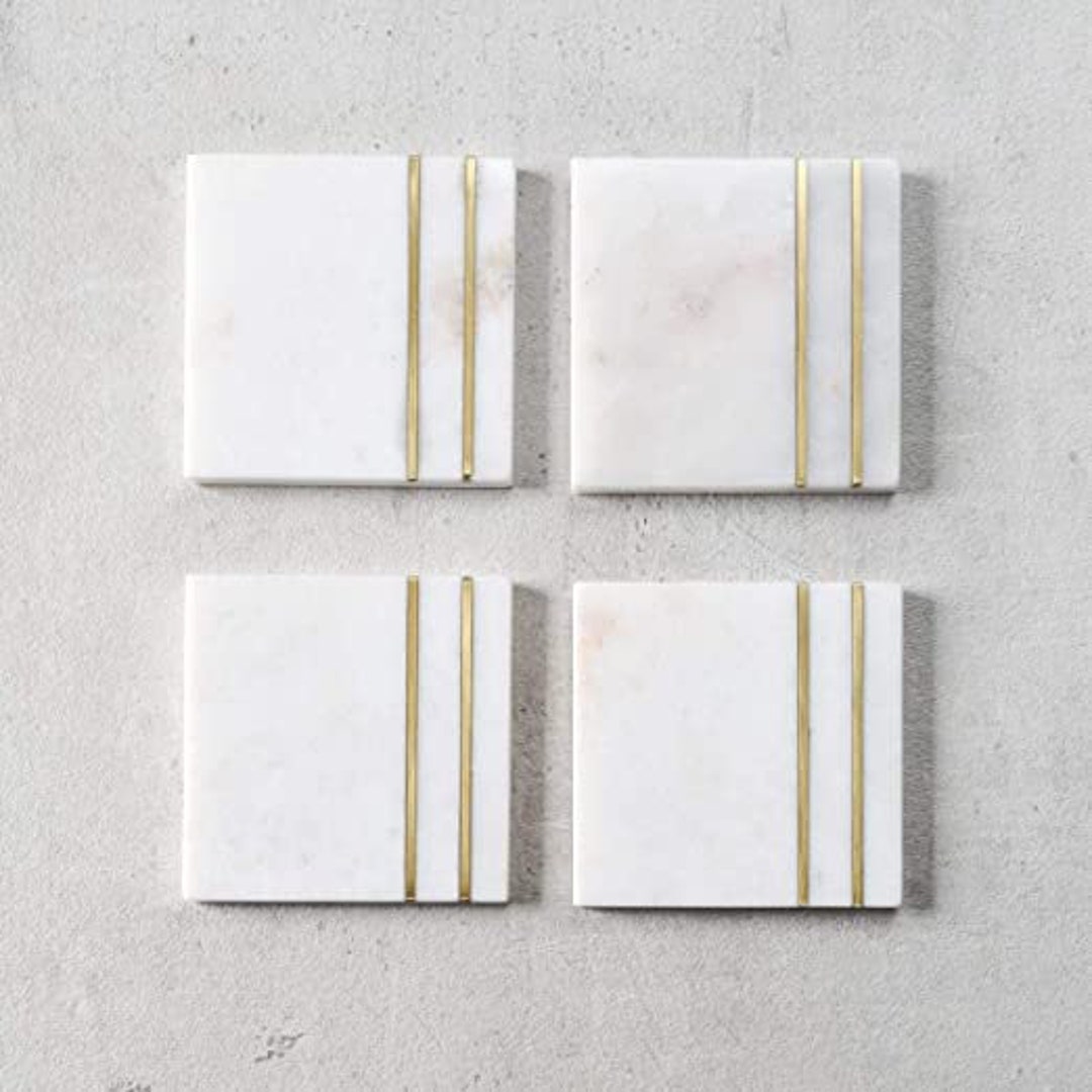 Square White Marble Coasters With Gold Brass // Natural Stone (set of 4 ...
