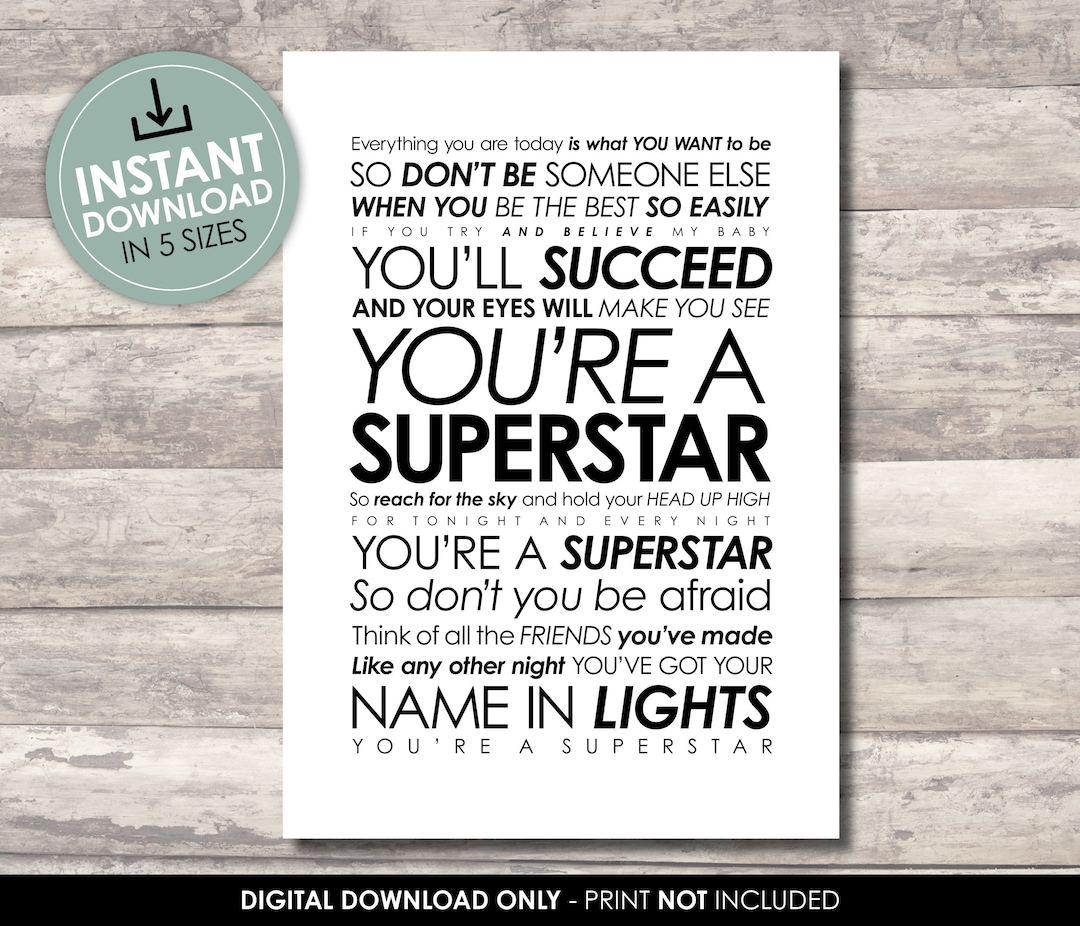 You're A Superstar Lyrics Print | Motivational Wall Art (digital ...