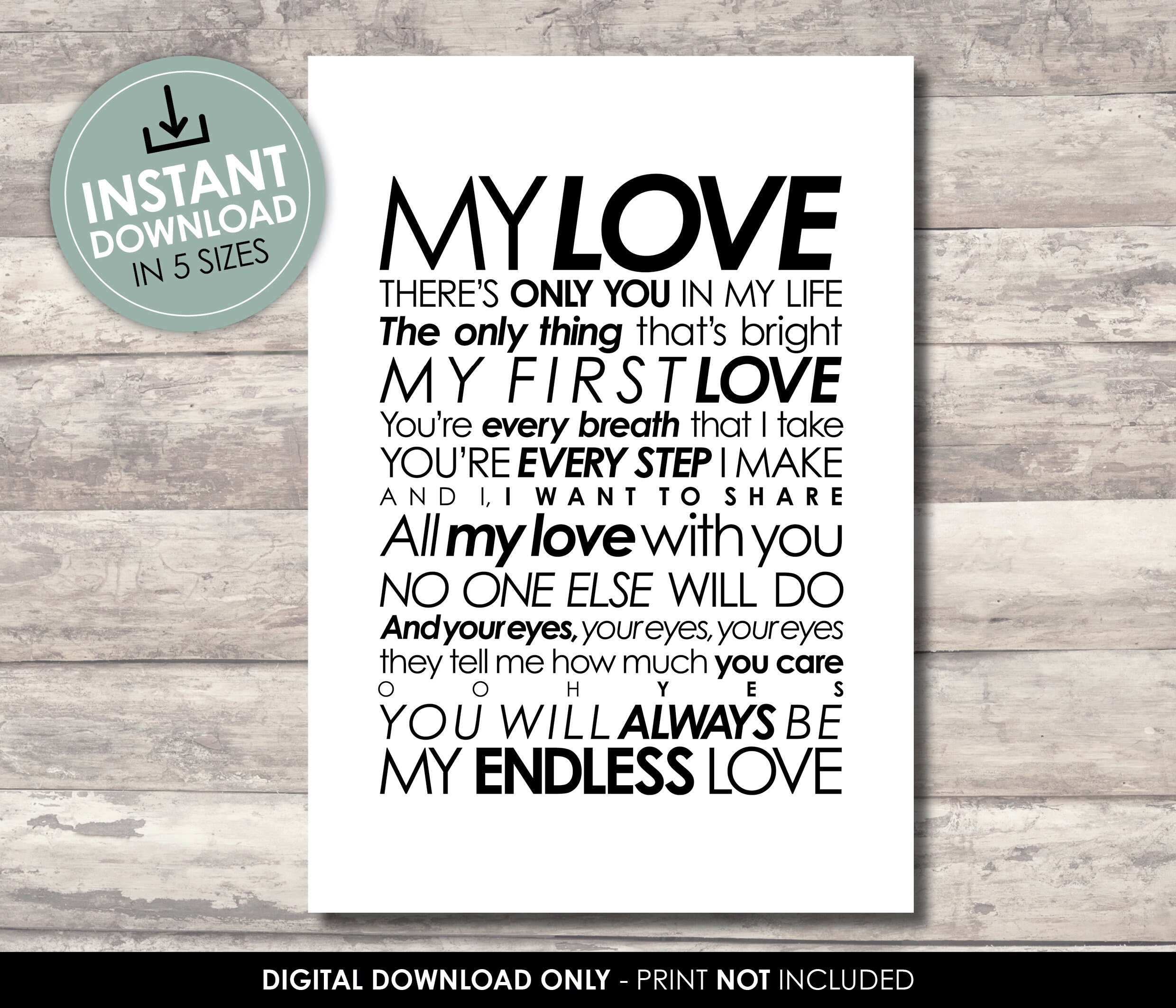 Endless Love Lyrics | INSTANT DOWNLOAD | High Res JPG File | Print at ...